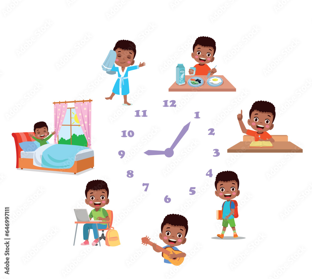 Cartoon kid daily routine activities set Stock Vector | Adobe Stock