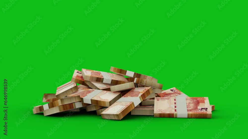 3d animation of stacks of South African rand notes falling on green ...