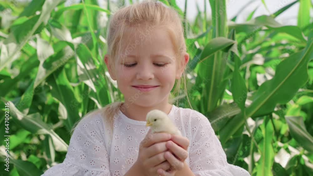 Kid plays with white chick in outdoors. Communication of child with ...