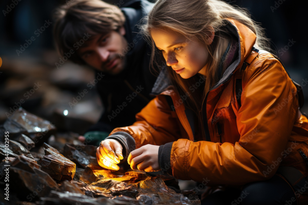 Budding geologists examine rock samples, identifying minerals and ...