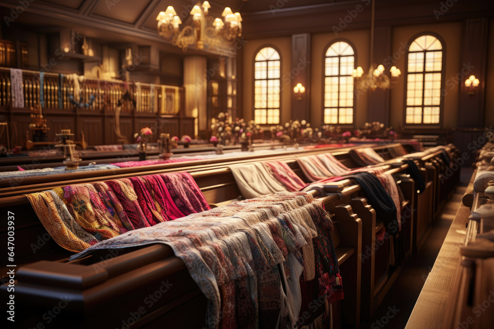 A synagogue's ark adorned with beautiful textiles and the Torah scrolls ...