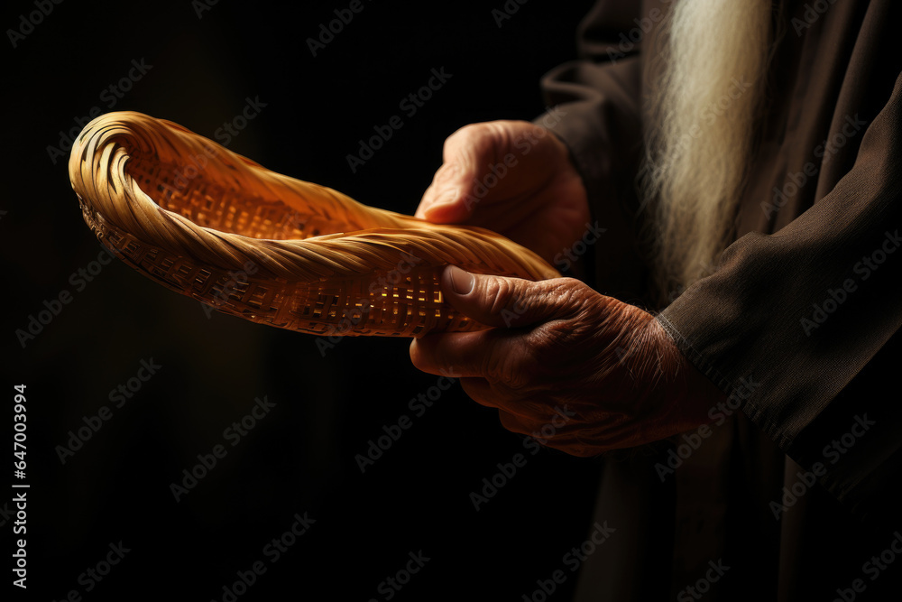 A close-up of a person's hand holding a shofar, highlighting the ...
