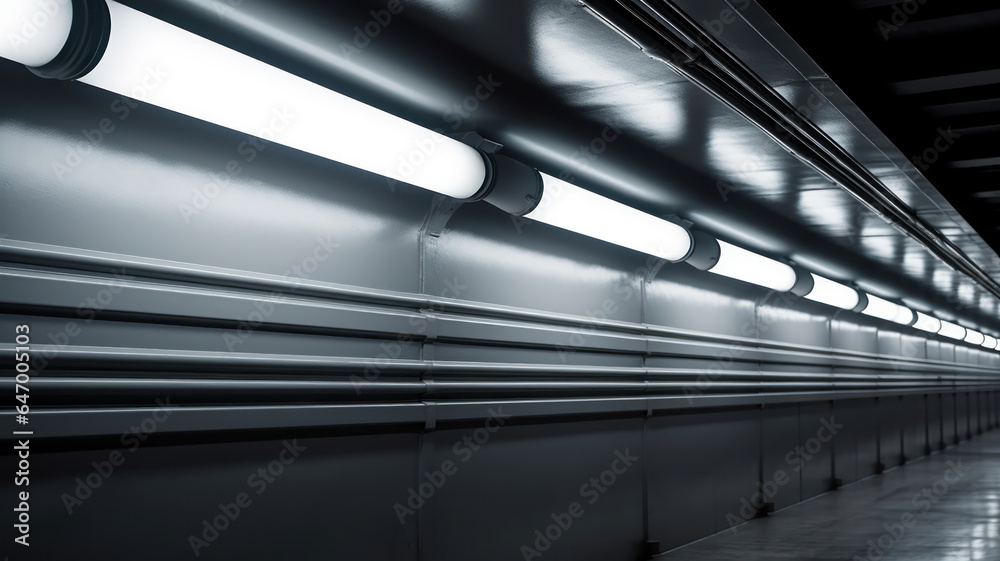 Row of Fluorescent Lights Along the Roof of a Subway Tunnel Stock ...