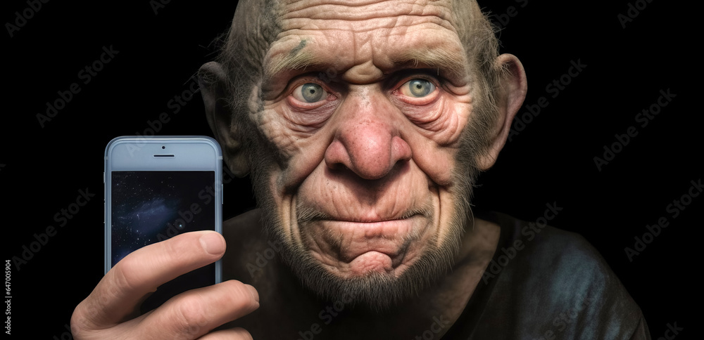 Contemporary art depicting a Neanderthal caveman using a smartphone in ...