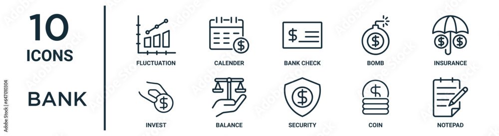 bank outline icon set such as thin line fluctuation, bank check ...