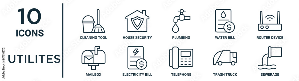 utilites outline icon set such as thin line cleaning tool, plumbing ...