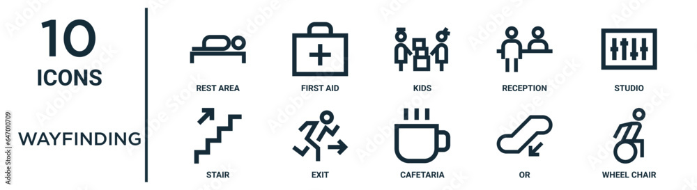 wayfinding outline icon set such as thin line rest area, kids, studio ...