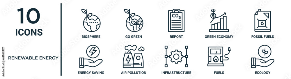 renewable energy outline icon set such as thin line biosphere, report ...