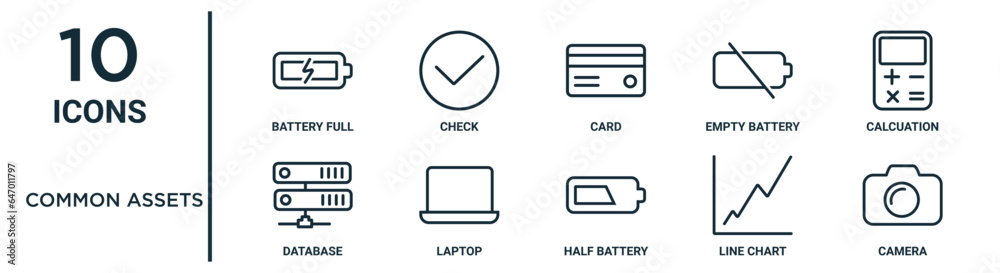 common assets outline icon set such as thin line battery full, card ...