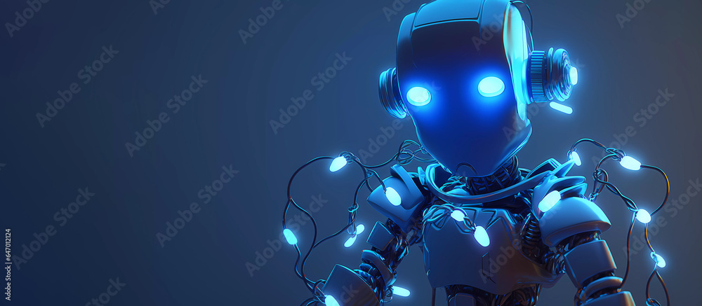 Humanoid robot on a dark background. Fairy lights. Generated AI. Edited ...