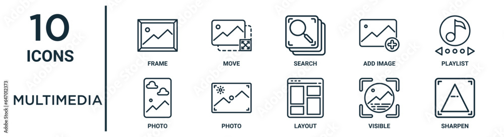 multimedia outline icon set such as thin line frame, search, playlist ...