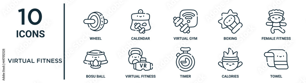 virtual fitness outline icon set such as thin line wheel, virtual gym ...
