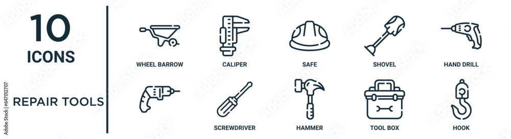 repair tools outline icon set such as thin line wheel barrow, safe ...