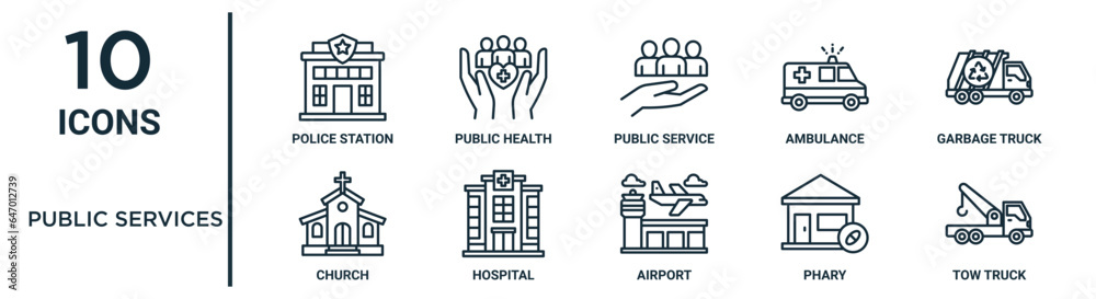 public services outline icon set such as thin line police station ...