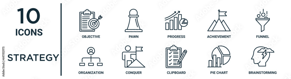 strategy outline icon set such as thin line objective, progress, funnel ...