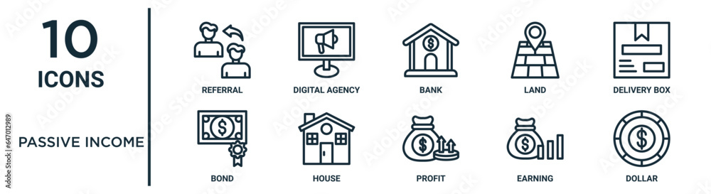 passive income outline icon set such as thin line referral, bank ...