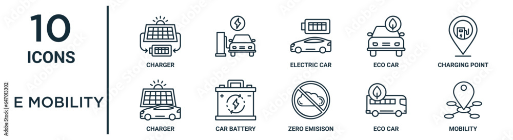 e mobility outline icon set such as thin line charger, electric car ...