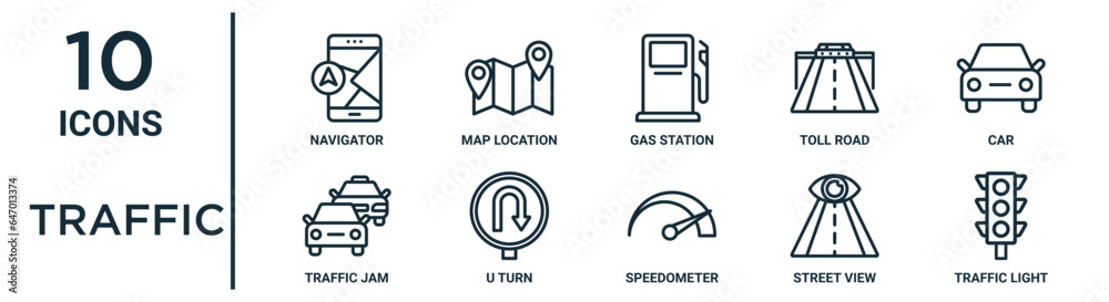 traffic outline icon set such as thin line navigator, gas station, car ...