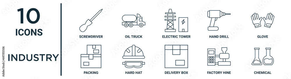 industry outline icon set such as thin line screwdriver, electric tower ...