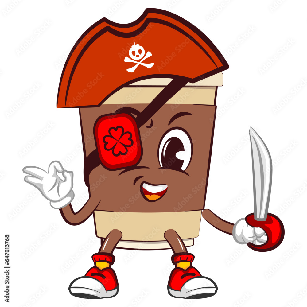 Cute happy coffee paper cup being a pirate mascot with a one-eyed ...