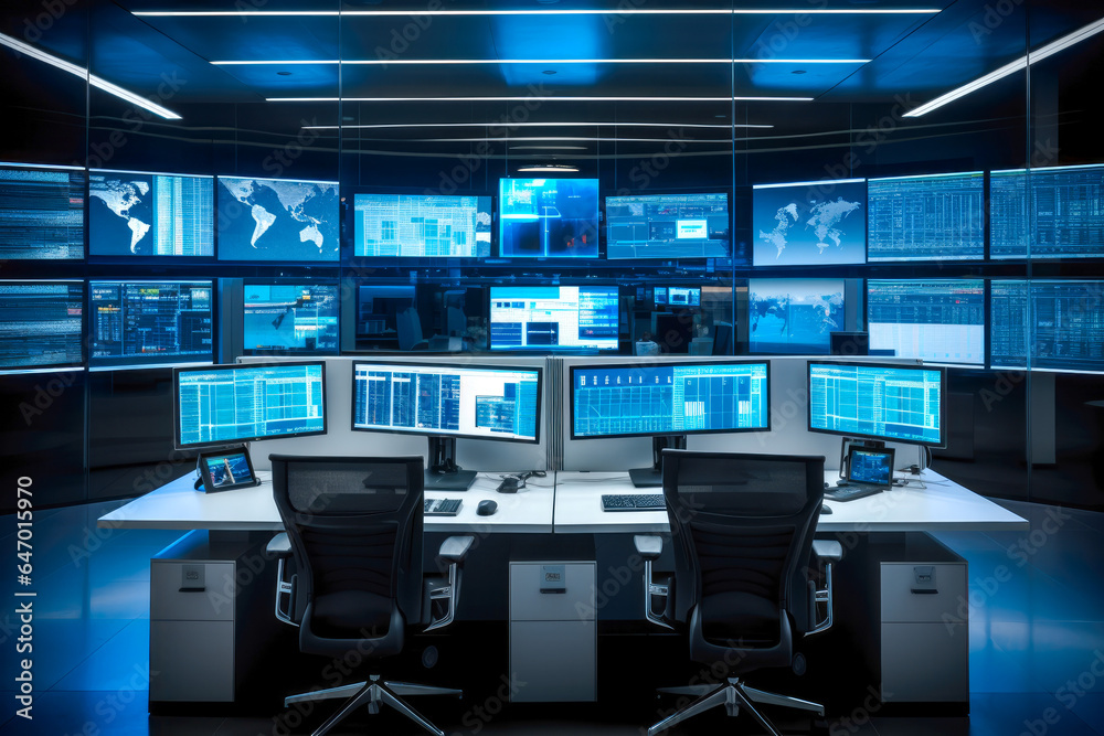 Interior of big modern security system control room, workstation with multiple displays ...