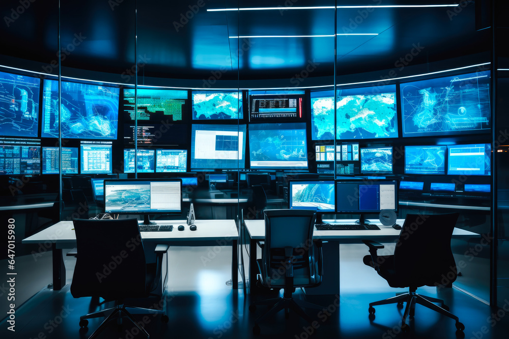 Interior of big modern security system control room, workstation with ...