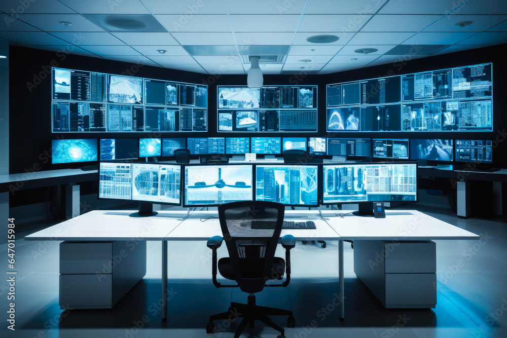 Interior of big modern security system control room, workstation with ...