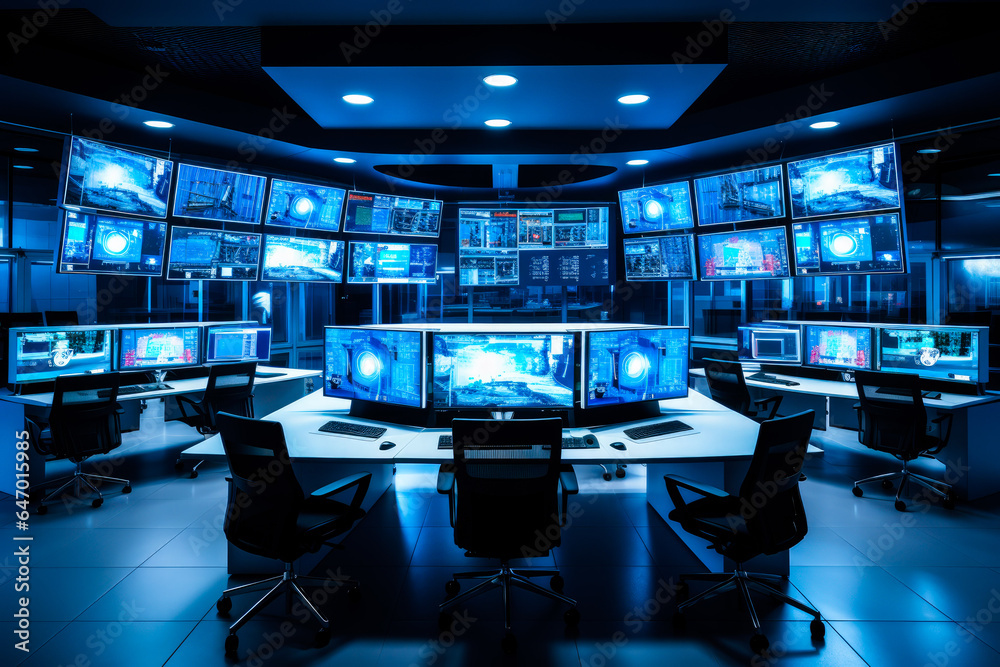 Interior of big modern security system control room, workstation with ...