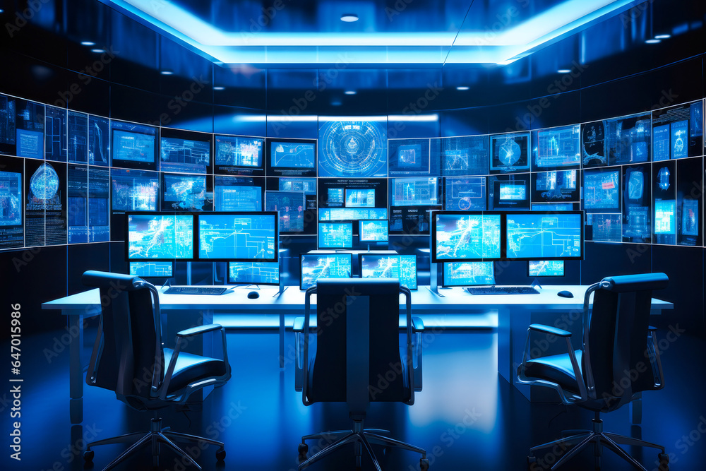 Interior of big modern security system control room, workstation with ...