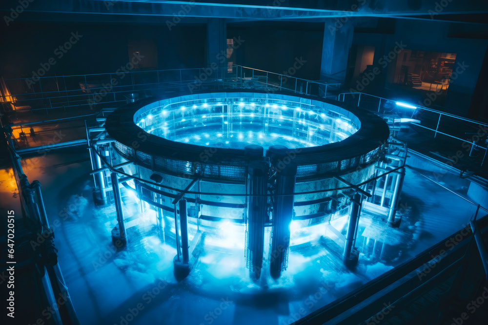 Blue glow water of nuclear reactor core powered, caused by Cherenkov ...