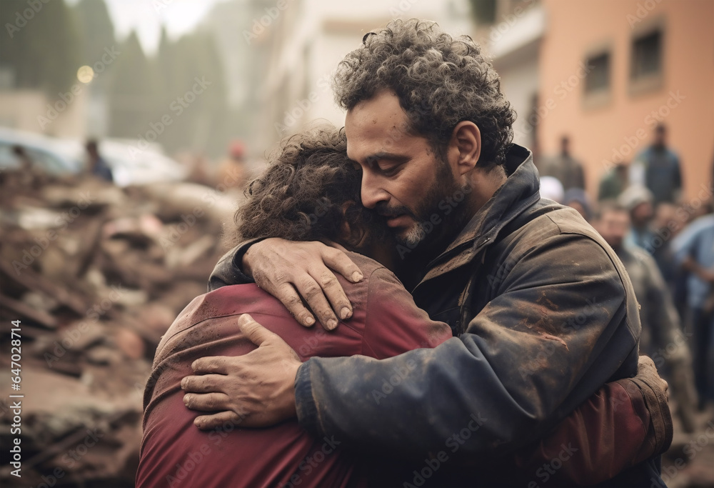 Two victim of earthquake men hug and comfort each other at hit area ...
