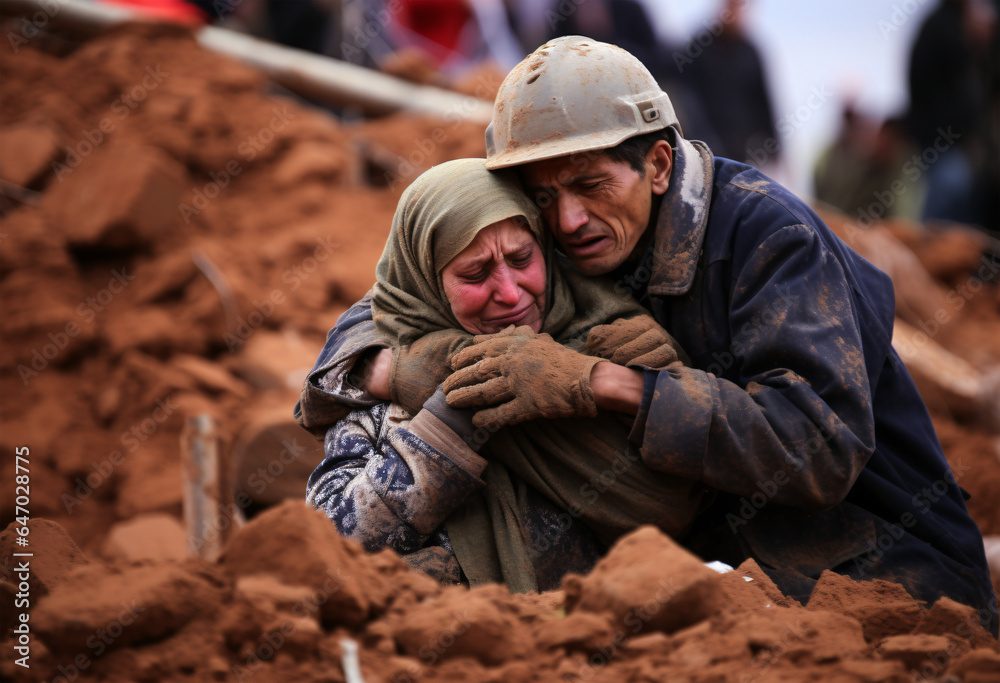A rescuer man hug a victim of natural disaster muslim woman in ...
