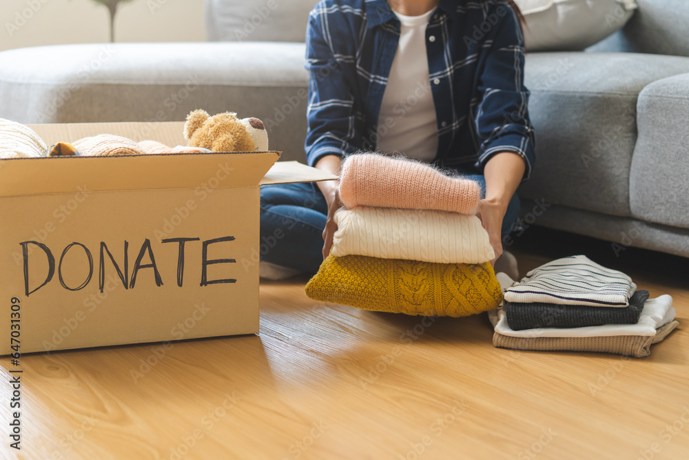 Recycling, Donation for poor, asian young woman, girl sitting pack ...