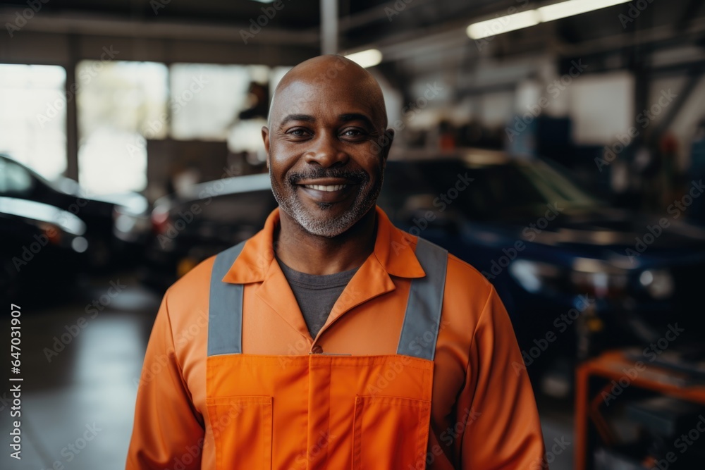 Smiling portrait of a male african american car mechanic working in a ...