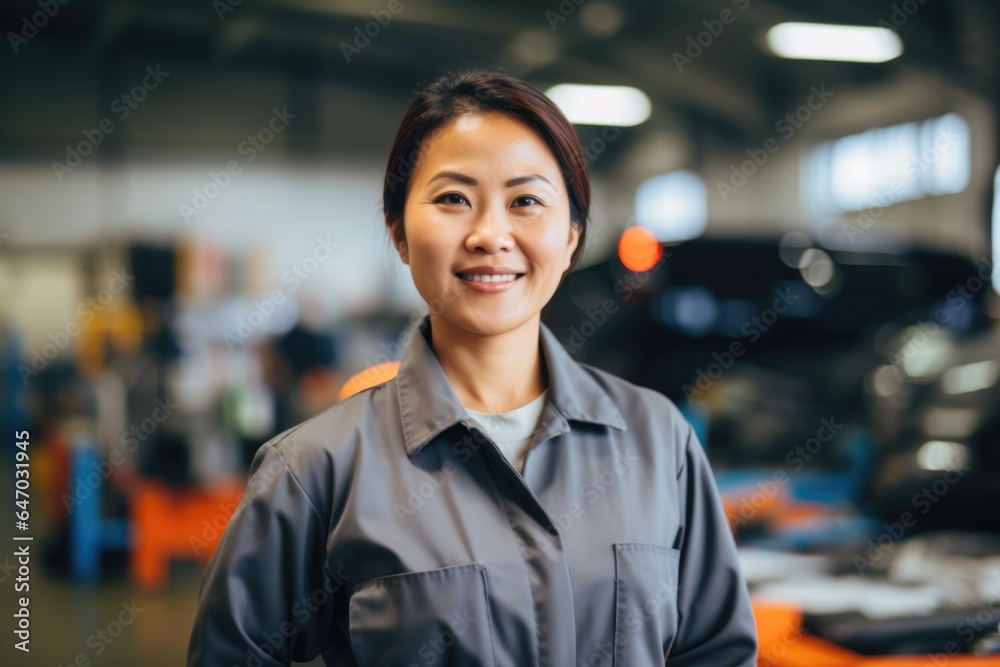 Smiling portrait of a female asian car mechanic working in a mechanics ...