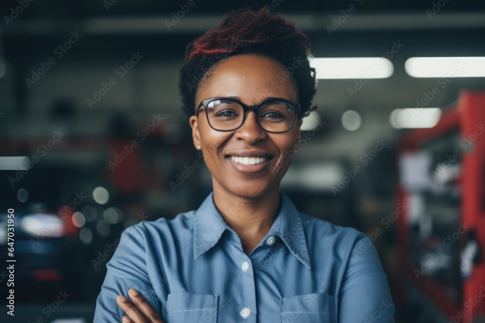 Smiling portrait of a female african american car mechanic working in a ...