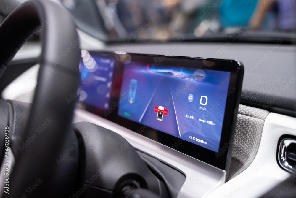 Side view of the LED screen Digital instrument panel inside the car ...