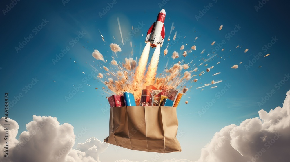 rocket coming out of groceries to show the skyrocketing cost of food ...