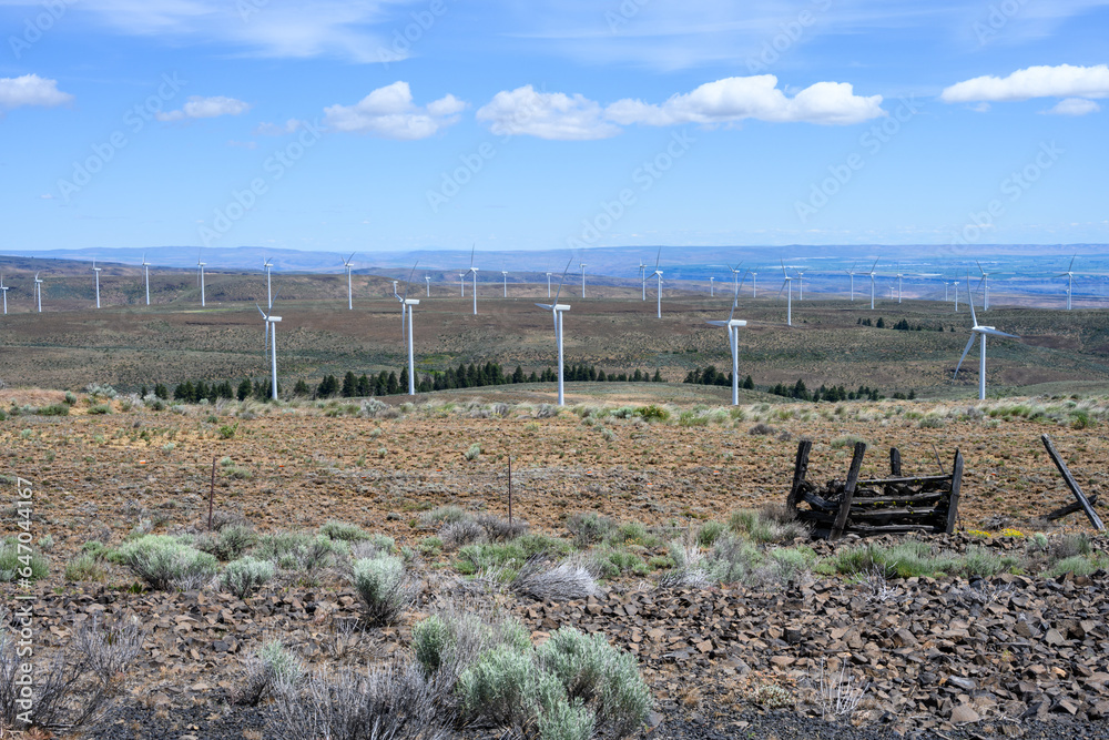 Clean green energy generation, wind turbines on an industrial wind farm ...