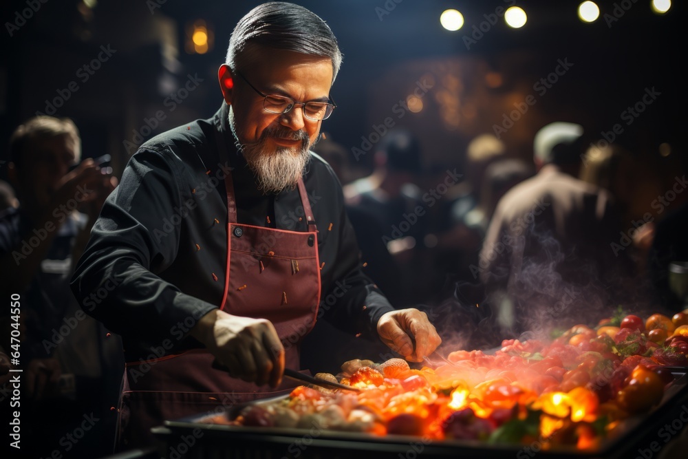 Master chef conducting a live cooking show, engaging the audience with ...