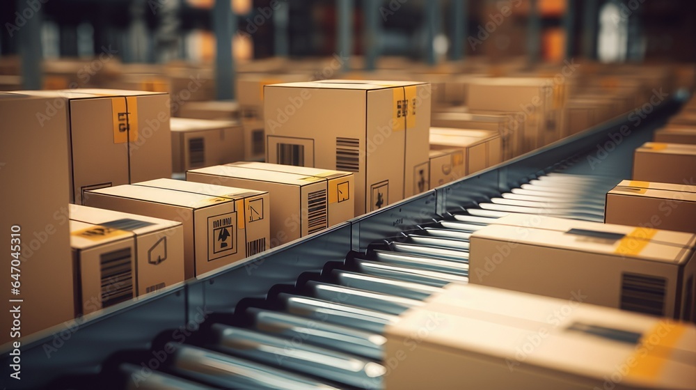 Logistics sorting machine, conveyor belt with packing boxes on it ...