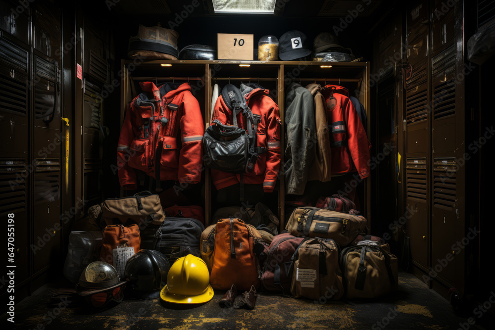 Locker in a fire station, housing firefighting gear and uniforms ...