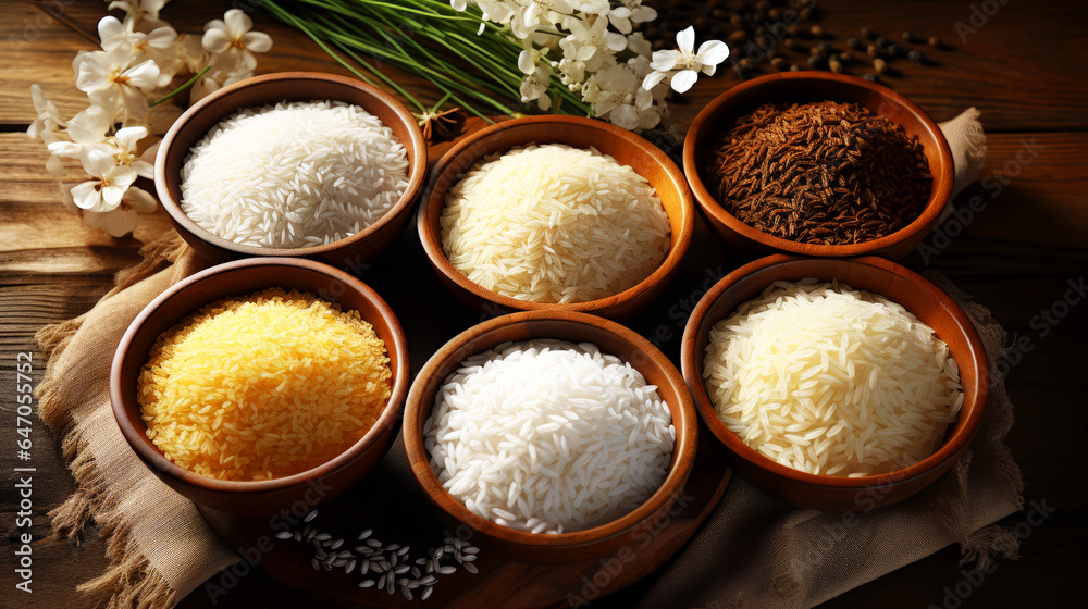 4K types of rice for cooking on a wooden tabletop in a kitchen. Direct ...