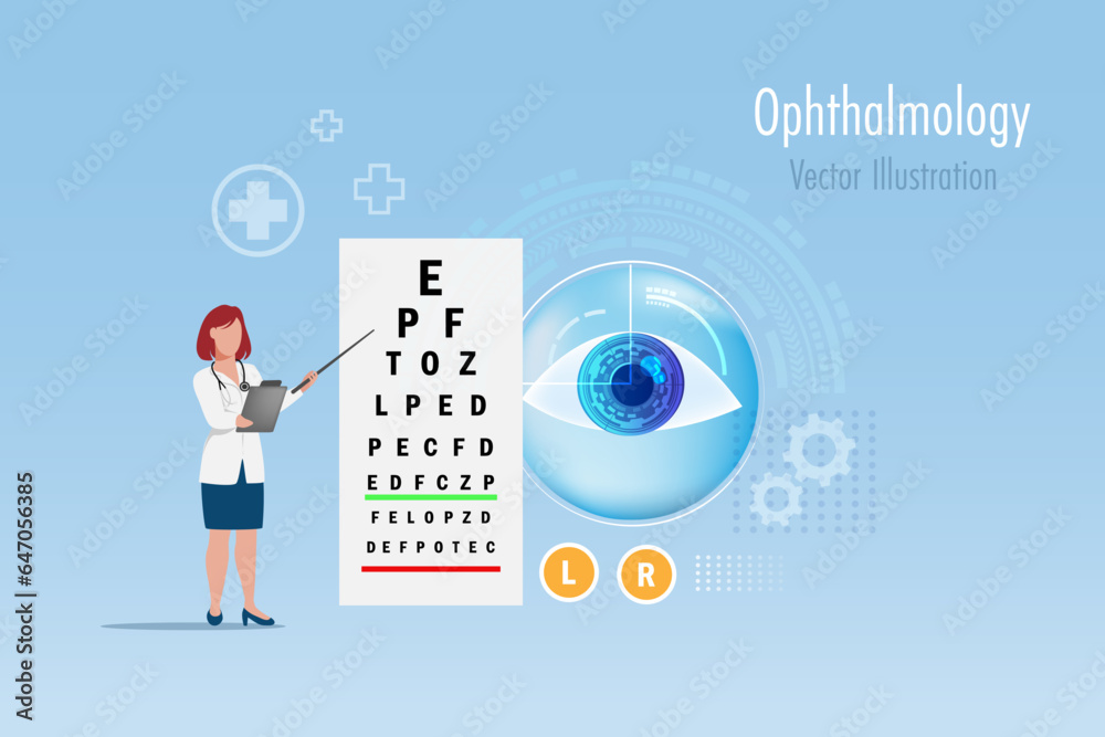Eyesight test. Ophthalmologist with table for testing visual acuity of ...