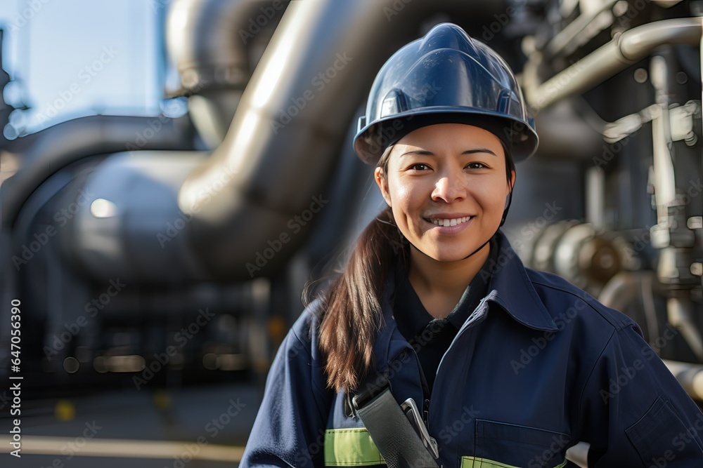 Smiling Asian woman engineer, she is in an industrial factory with ...
