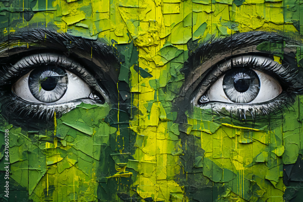Closeup abstract human eyes that blends elements of city life, nature ...