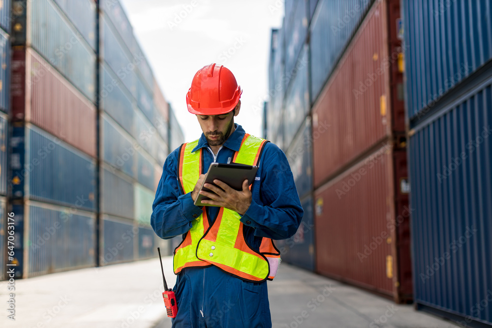 Foreman or worker work at Container cargo site check up goods in ...