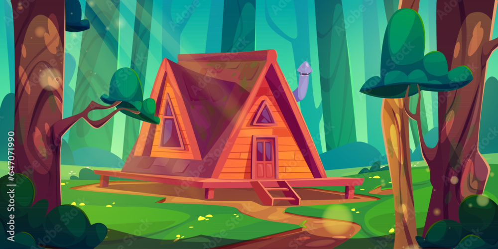 Wooden cabin in forest - cartoon woodland landscape with green trees ...