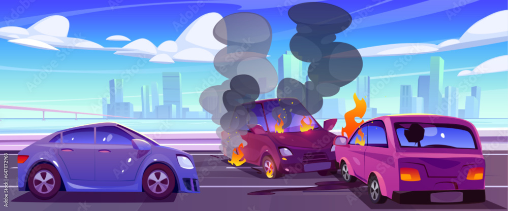 Car crash on highway against city background. Vector cartoon ...
