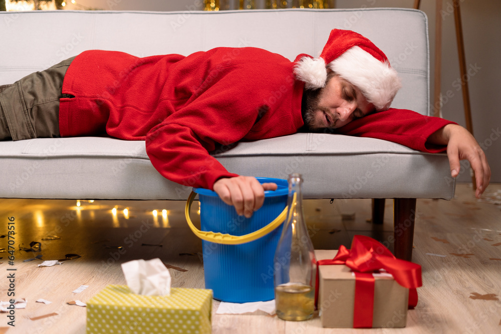 Sick man after Christmas party suffering from nausea and bad stomach at ...